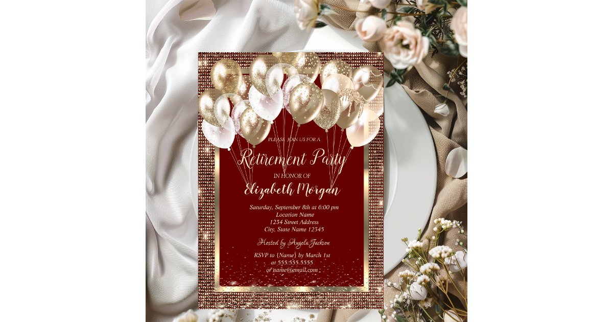 Gold Frame Sequins Balloons Red Retirement Invitation | Zazzle