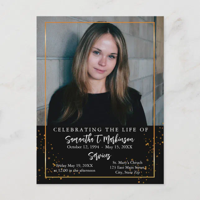 Gold Frame Simple Modern Speckled Funeral Postcard | Zazzle