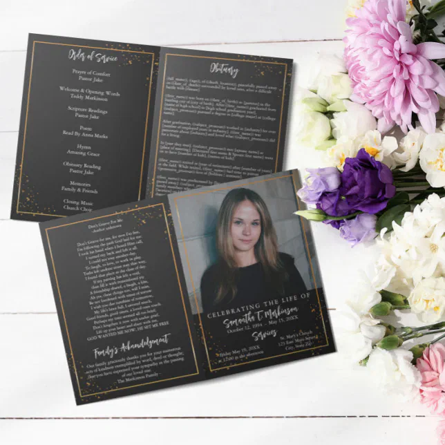 Gold Frame Simple Modern Speckled Funeral Program | Zazzle