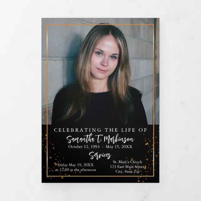 Gold Frame Simple Modern Speckled Funeral Tri-Fold Program | Zazzle