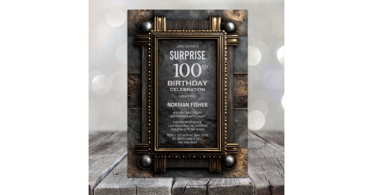 Gold Frame Slate Surprise 100th Birthday Party Invitation | Zazzle
