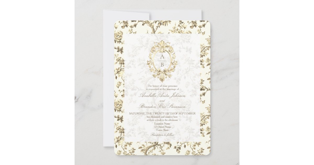 Gold French Toile Monogram QR Code Wedding Invitation | Zazzle