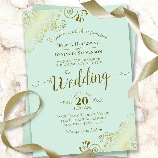 Gold Frills Elegant Neo Mint Green Wedding Invitation | Zazzle