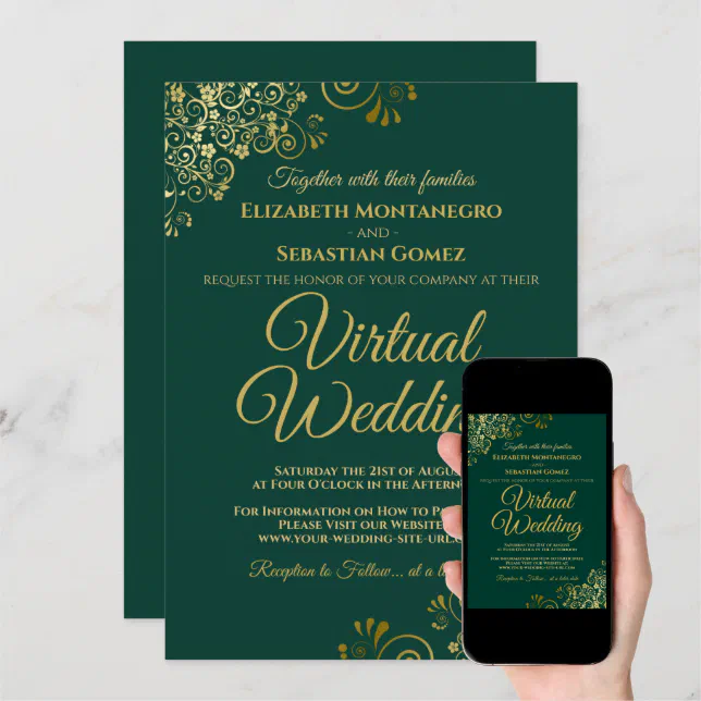 Gold Frills Emerald Green Elegant Virtual Wedding Invitation | Zazzle