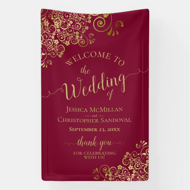 Gold Frills on Burgundy Elegant Wedding Welcome Banner | Zazzle