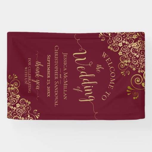 Gold Frills on Burgundy Elegant Wedding Welcome Banner | Zazzle