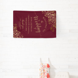 Gold Frills on Burgundy Elegant Wedding Welcome Banner | Zazzle