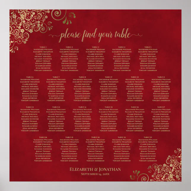 Gold Frills on Red 22 Table Wedding Seating Chart | Zazzle
