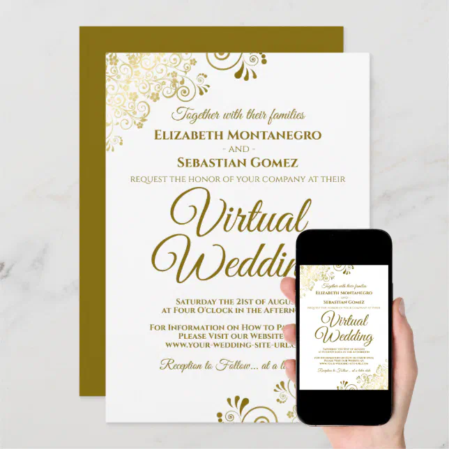 Gold Frills on White Elegant Virtual Wedding Invitation | Zazzle