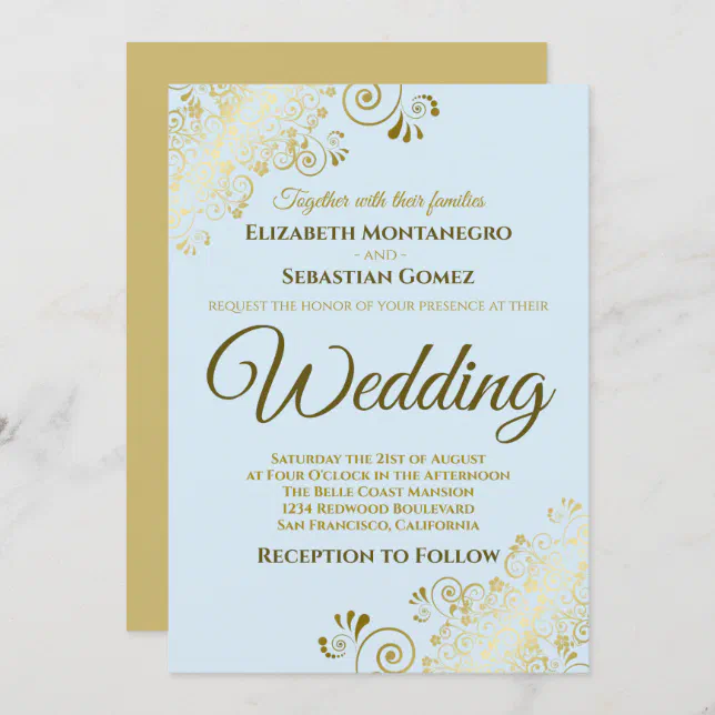 Gold Frills Simple Chic Powder Blue Wedding Invitation | Zazzle