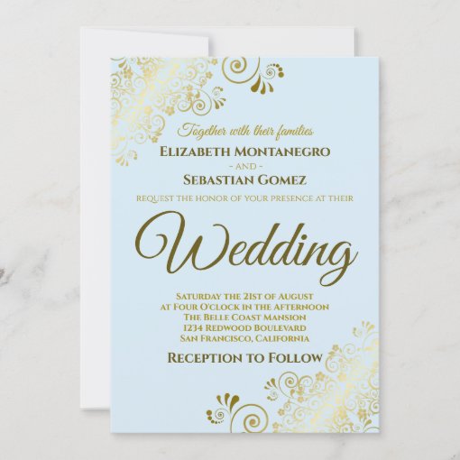 Gold Frills Simple Chic Powder Blue Wedding Invitation | Zazzle