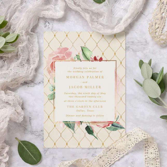 Gold Garden Floral Wedding Invitation | Zazzle
