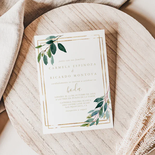 Gold Geometric Chic Eucalyptus Spanish Wedding Invitation | Zazzle