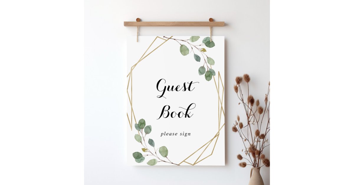 Gold Geometric Foliage Calligraphy Guest Book Sign | Zazzle