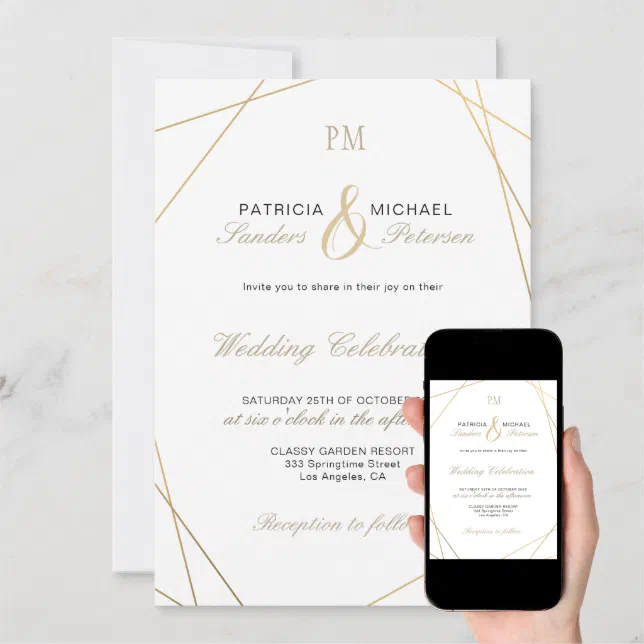 Gold geometric frame elegant calligraphy wedding invitation | Zazzle