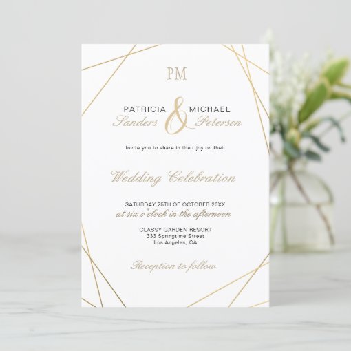 Gold geometric frame elegant calligraphy wedding invitation | Zazzle