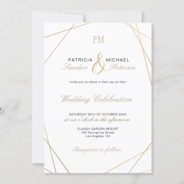 Gold geometric frame elegant calligraphy wedding invitation | Zazzle