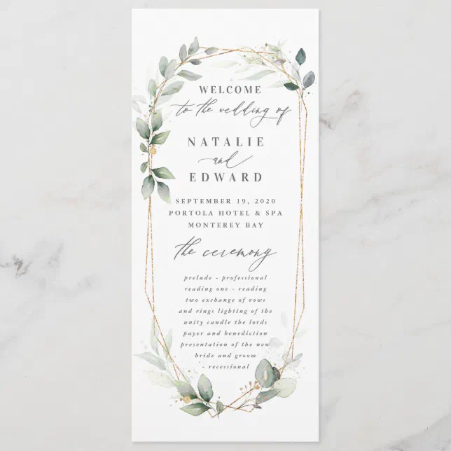 Gold geometric frame leafy wedding program | Zazzle
