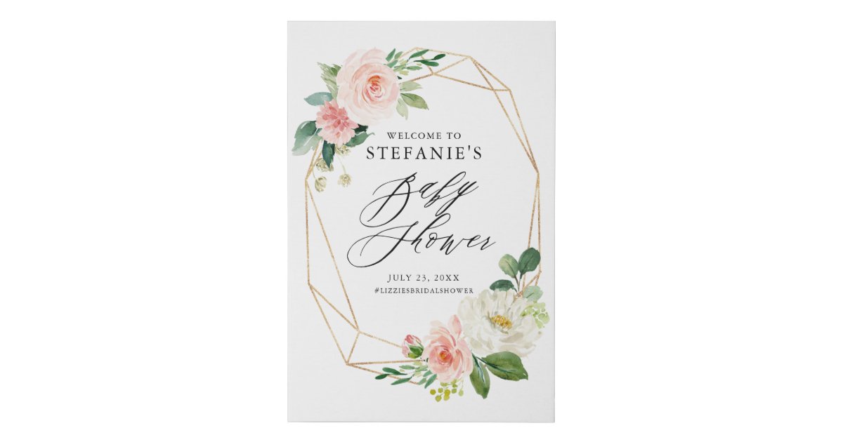 Gold Geometric Frame Pink Floral Baby Shower Faux Canvas Print | Zazzle