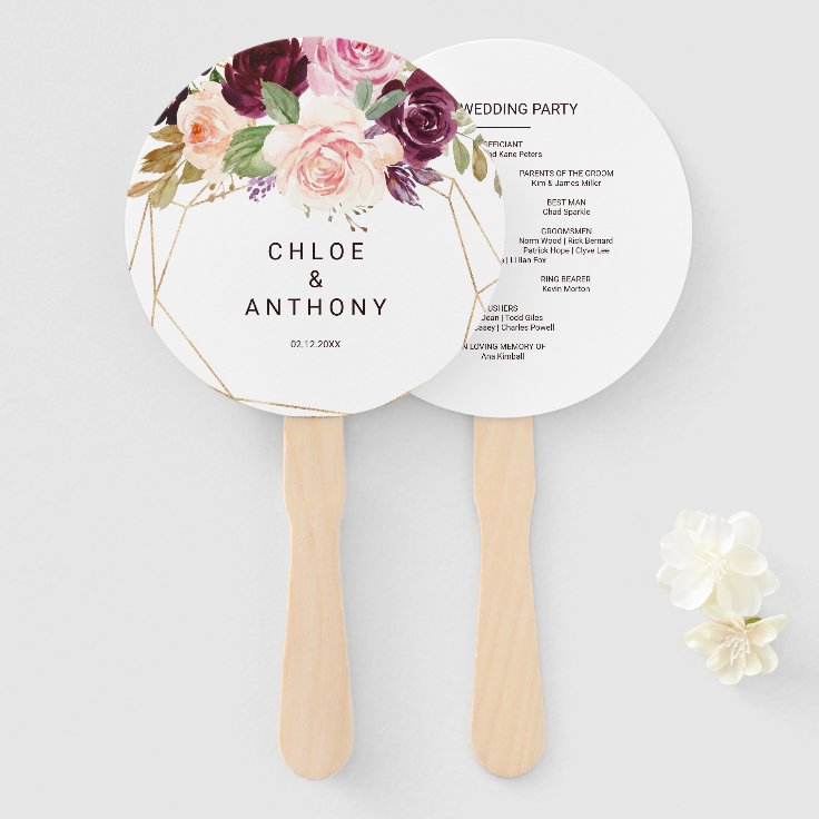 Gold Geometric Green Burgundy Floral Wedding Hand Fan | Zazzle