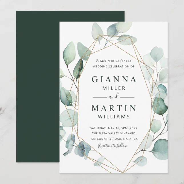 Gold Geometric Greenery Foliage Wedding Invitation | Zazzle