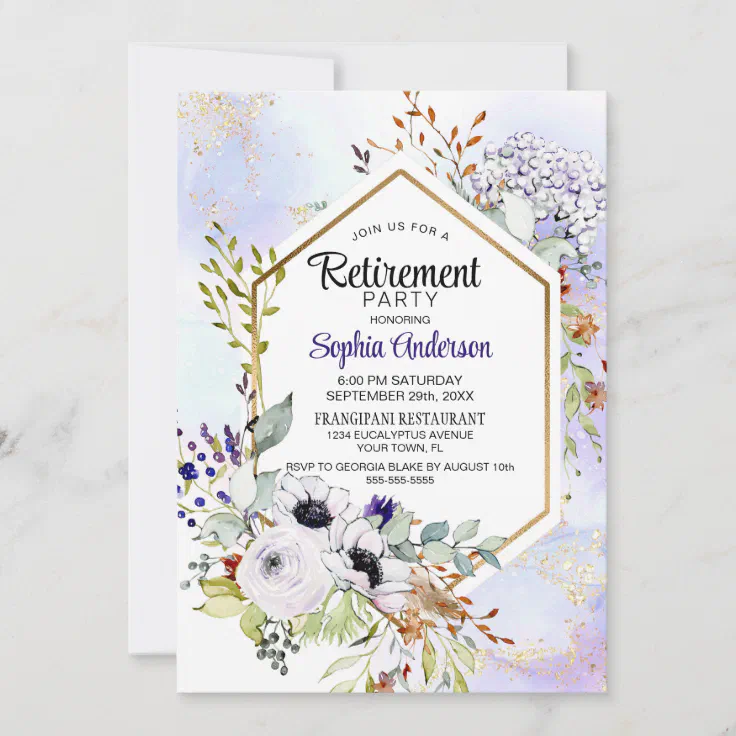 Gold Geometric Purple Floral Retirement Party Invitation | Zazzle