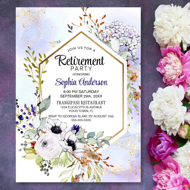 Gold Geometric Purple Floral Retirement Party Invitation | Zazzle