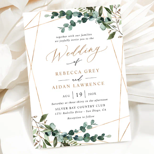 Gold Geometric Rustic Watercolor Greenery Wedding Invitation | Zazzle