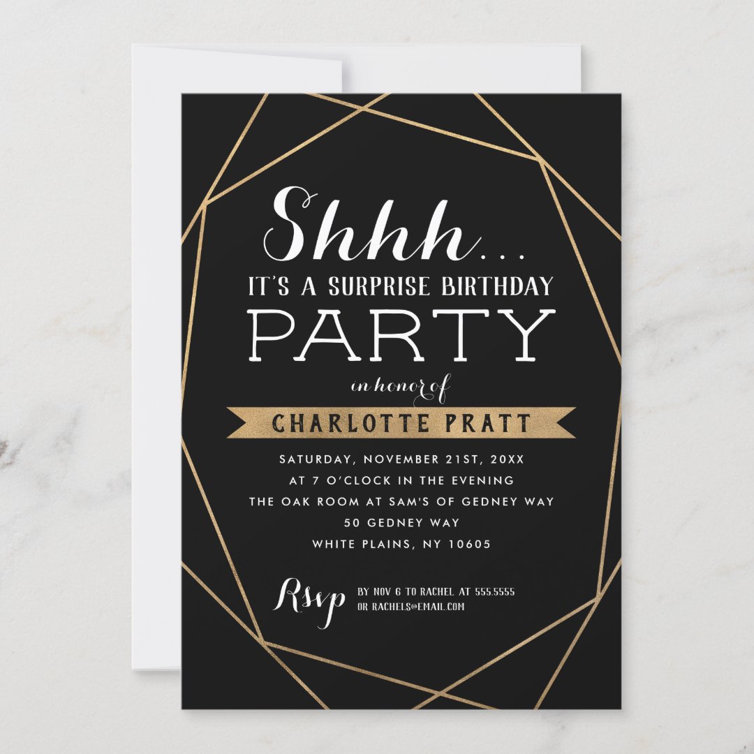 Gold Geometric Shh Surprise Birthday Party Invitation | Zazzle