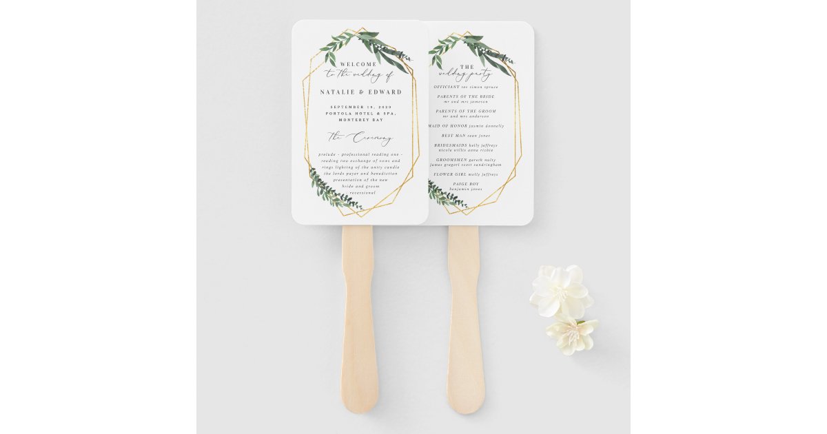 gold geometric watercolor foliage hand fan | Zazzle