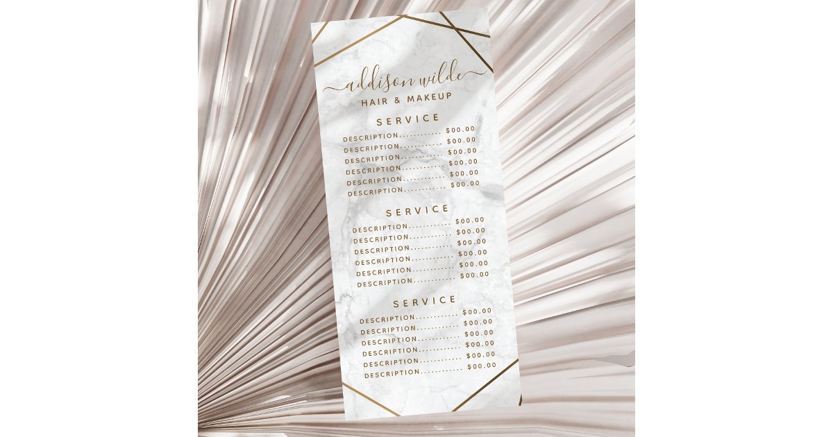 Gold Geometric White Marble Abstract Price List Rack Card | Zazzle