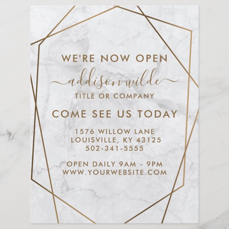 Gold Geometric White Marble Business Opening Flyer | Zazzle