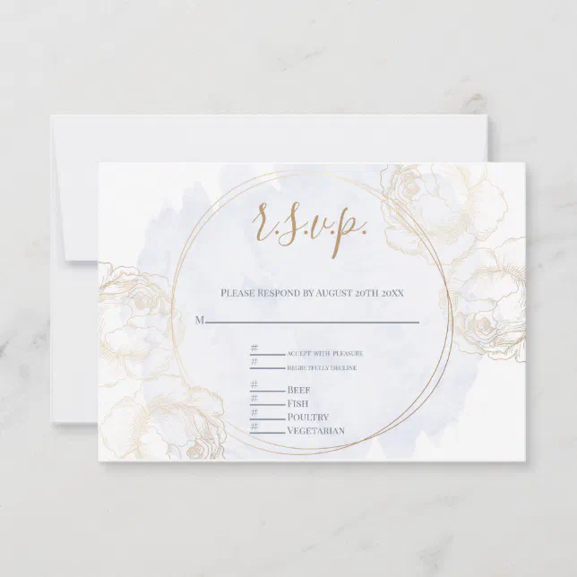 Gold Gilded Rose on Dusty Blue RSVP Card | Zazzle