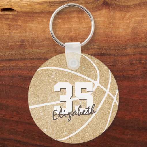 gold girly basketball keychain w jersey number | Zazzle