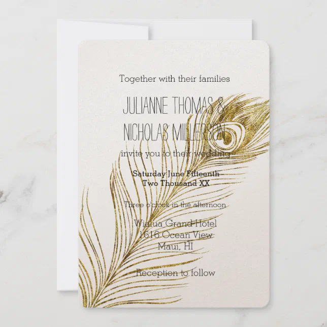 Gold Glam Peacock Feather Wedding Invitation | Zazzle