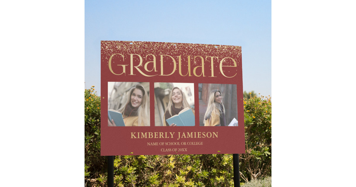 Gold Glitter 3 Photo Graduation Sign | Zazzle