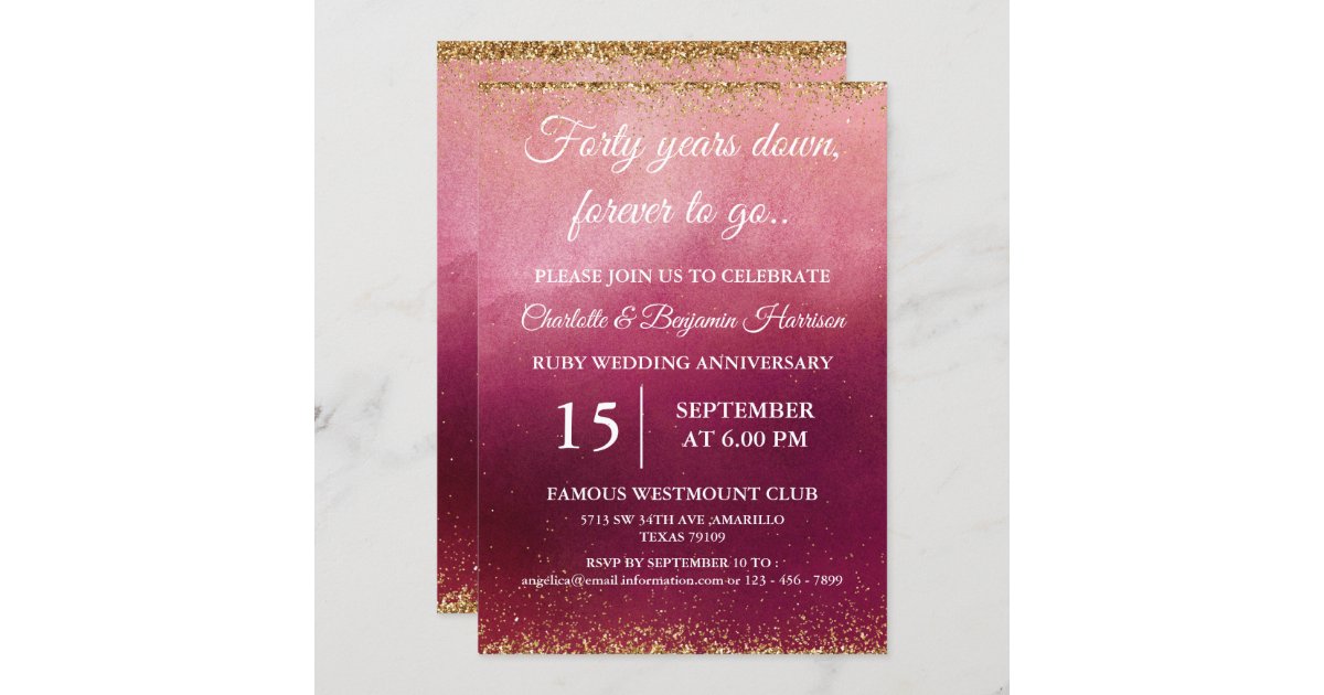 Gold Glitter 40th Ruby Wedding Anniversary Invitation | Zazzle