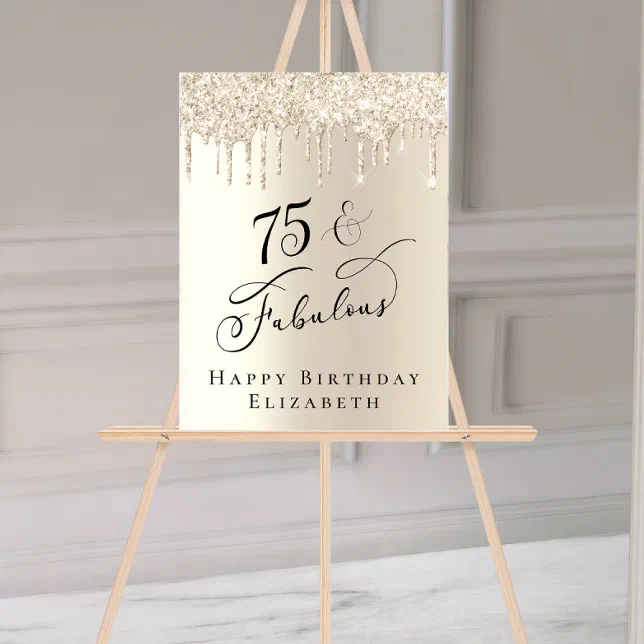 Gold Glitter 75th Birthday Party Acrylic Sign | Zazzle
