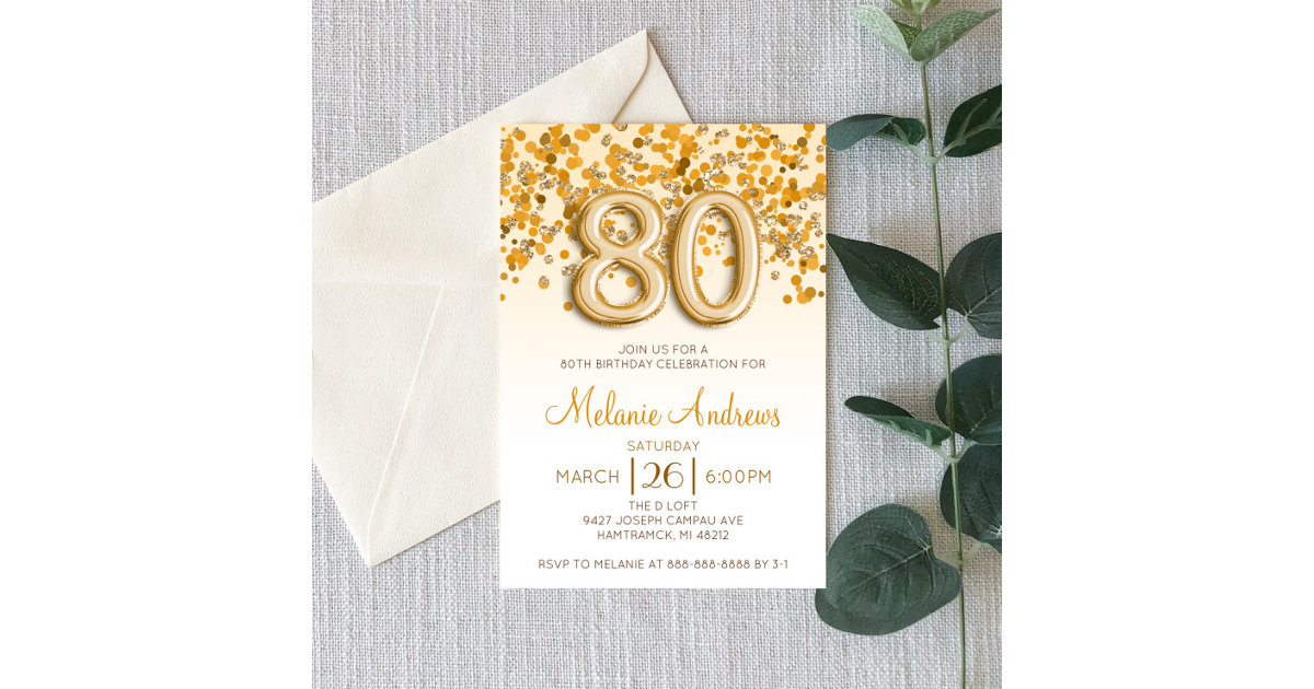 Gold Glitter 80th Birthday Party Invitation | Zazzle