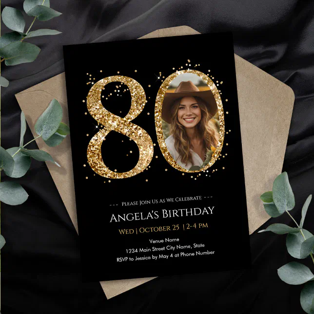 Gold Glitter 80th Birthday Photo Invitation | Zazzle