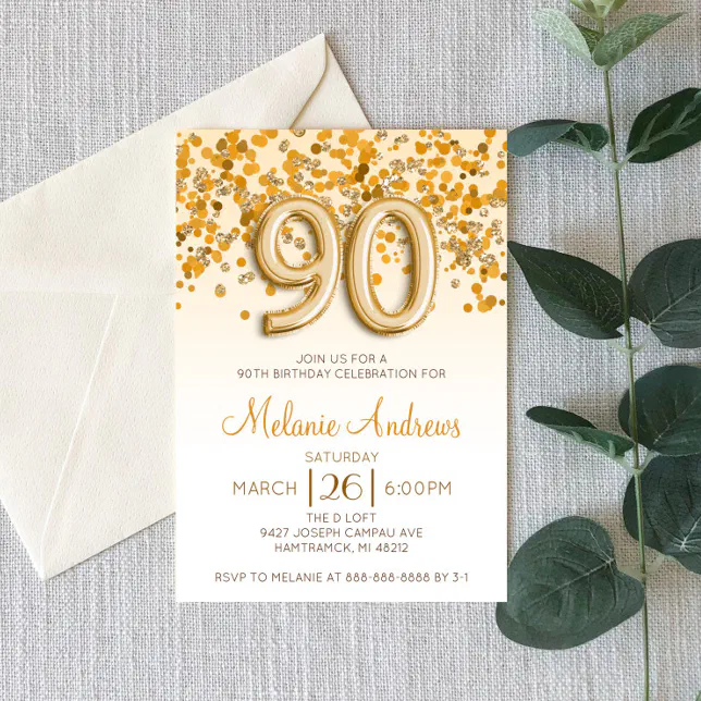 Gold Glitter 90th Birthday Party Invitation | Zazzle