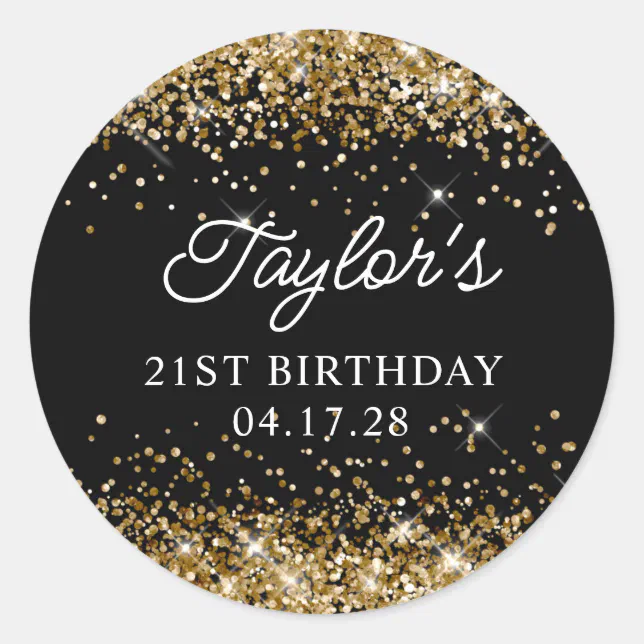 Gold Glitter and Black 21st Birthday Classic Round Sticker | Zazzle