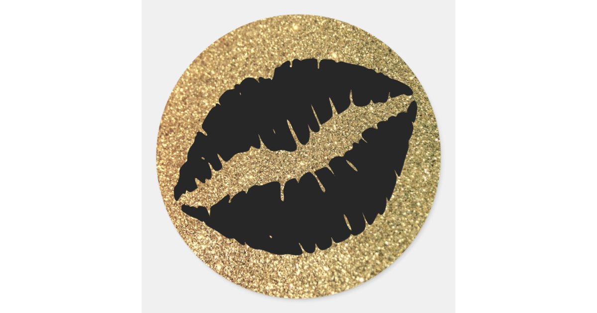 Gold Glitter and Black Lips Classic Round Sticker | Zazzle