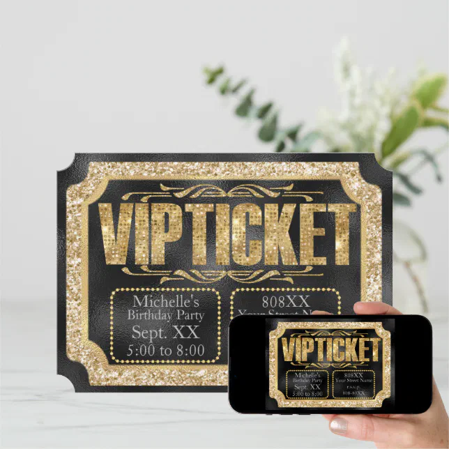 Gold Glitter and Diamonds on Black Golden Ticket Invitation | Zazzle