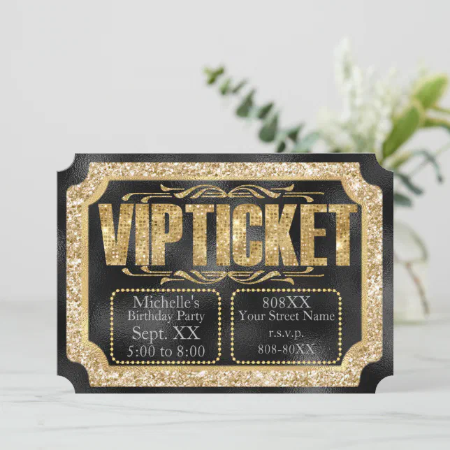 Gold Glitter and Diamonds on Black Golden Ticket Invitation | Zazzle