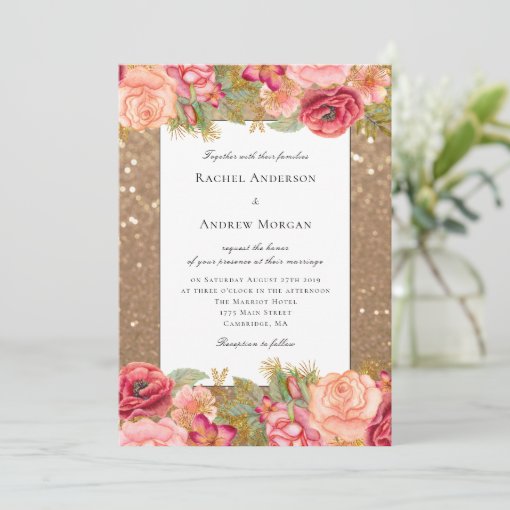 Gold glitter and floral wedding invitation | Zazzle