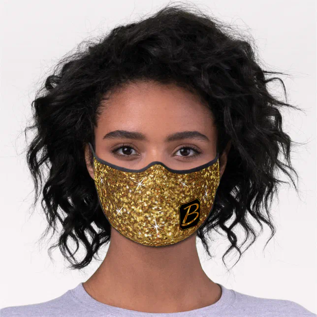 Gold Glitter and Monogram Letter B Premium Face Mask | Zazzle