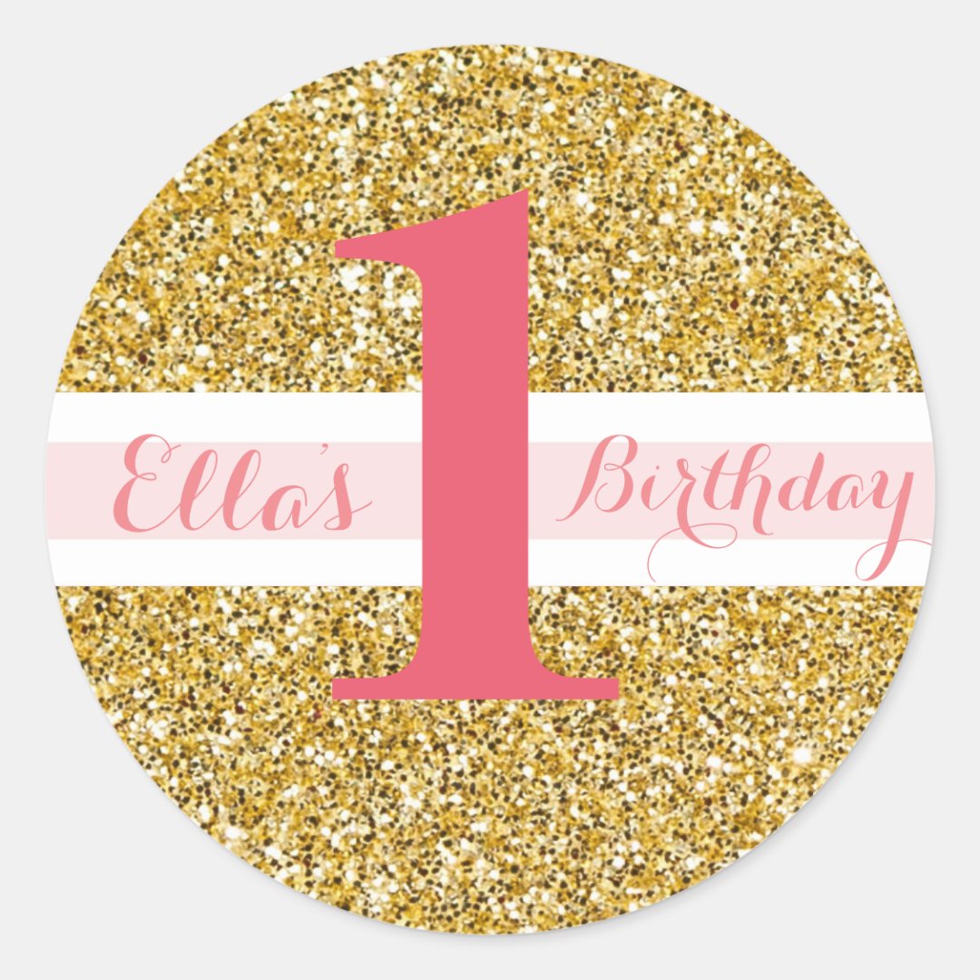 Gold Glitter and Pink First Birthday Stickers | Zazzle