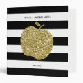 Gold Glitter Apple Black Stripes | Teacher Binder | Zazzle