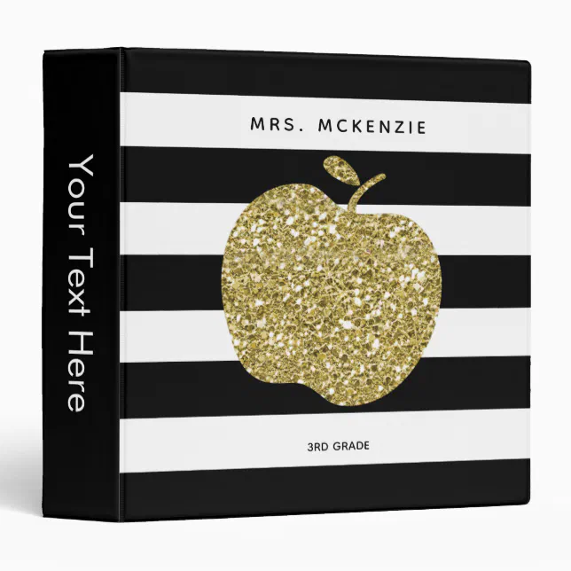 Gold Glitter Apple Black Stripes | Teacher Binder | Zazzle